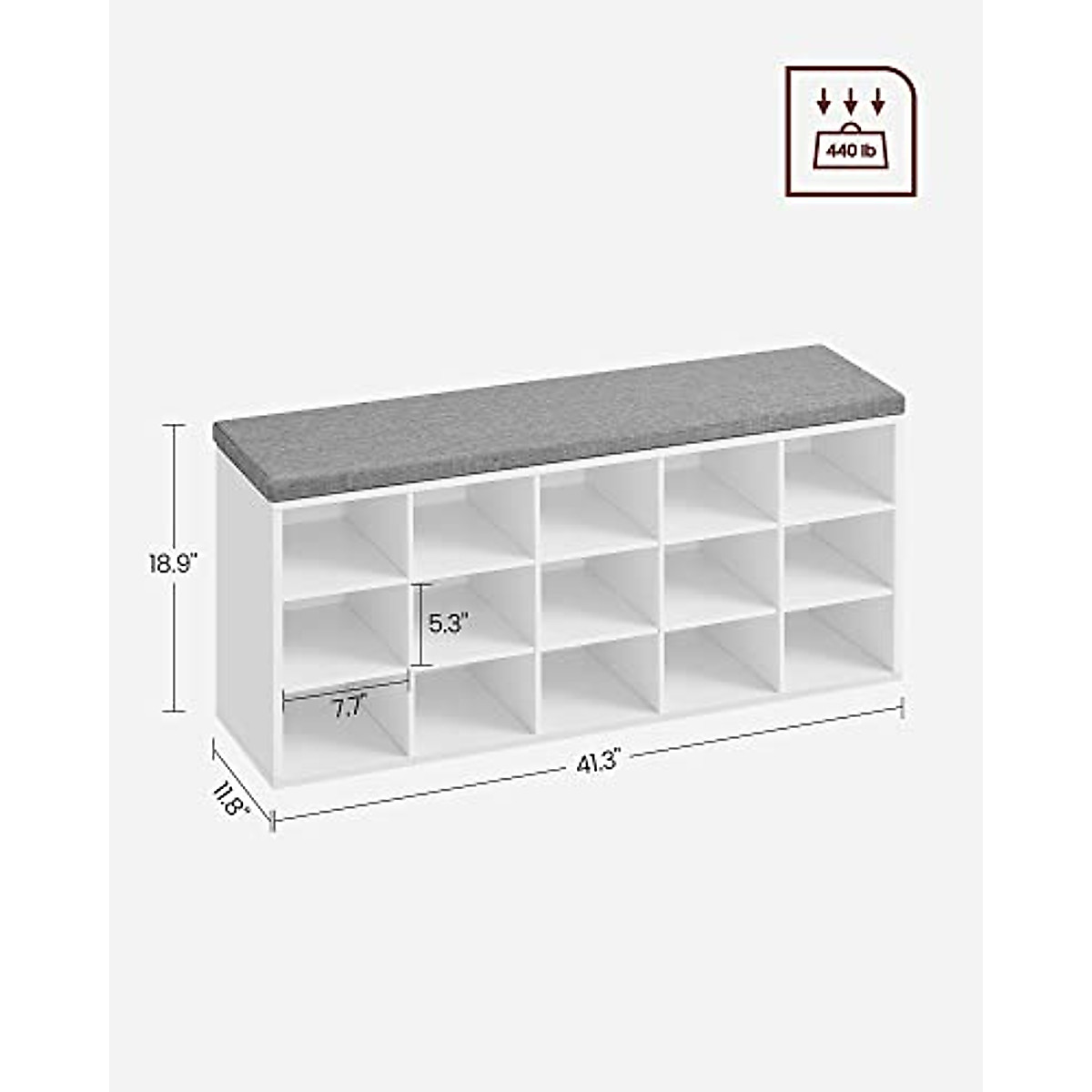 VASAGLE Shoe Bench, Storage Bench, Shoe Rack Bench, Shoe Shelf, Storage Cabinet, 15 Compartments, with Cushion, for Entryway, 11.8 x 41.3 x 18.9 Inches, White and Gray ULHS15WT