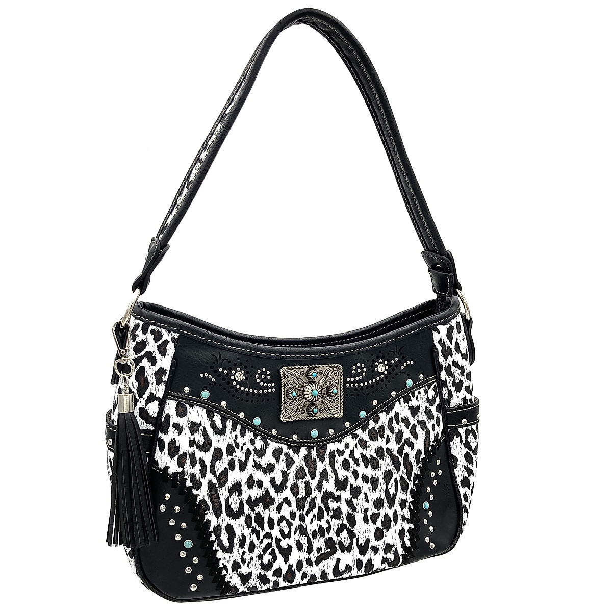 Leopard Animal Print Concealed Carry Feather Concho Country Vintage Western Handbag Hobo Purse (Leopard Black)