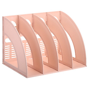 PATIKIL Magazine File Holder, Plastic Vertical 4 Compartment Desktop File Book Newspaper Notebook Storage Rack Bookshelf Folder Organizer for Office, Light Pink