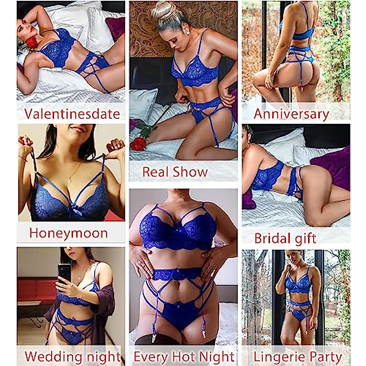 Avidlove Women's Exotic Lingerie Sets Sexy Lingerie Set with Garter Belts Sexy Bra and Panty Set Lace Teddy Bodysuit No Stockings(Blue, M)