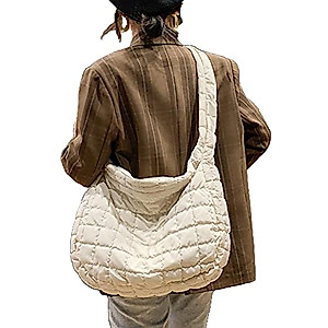 Large Puffer Tote Bag, Quilted Down Bags for Women Soft Space Totes Puffer Bag Lattice Crossbody for Autumn and Winter (White)