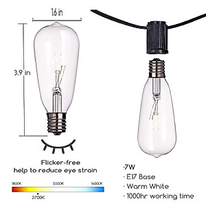 Romasaty 10-Pack Edison Light Bulbs ST40 Clear Replacement Bulbs-7 watts 120 Volts E17 Screw Base for Outdoor Indoor Patio Edison String Lights-Clear