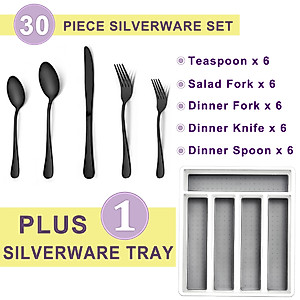 Herogo 30-Piece Matte Black Silverware Set with Drawer Organizer, Stainless Steel Flatware Cutlery Set for 6, Modern Tableware Eating Utensils Set with Tray, Dishwasher Safe, Satin Finish