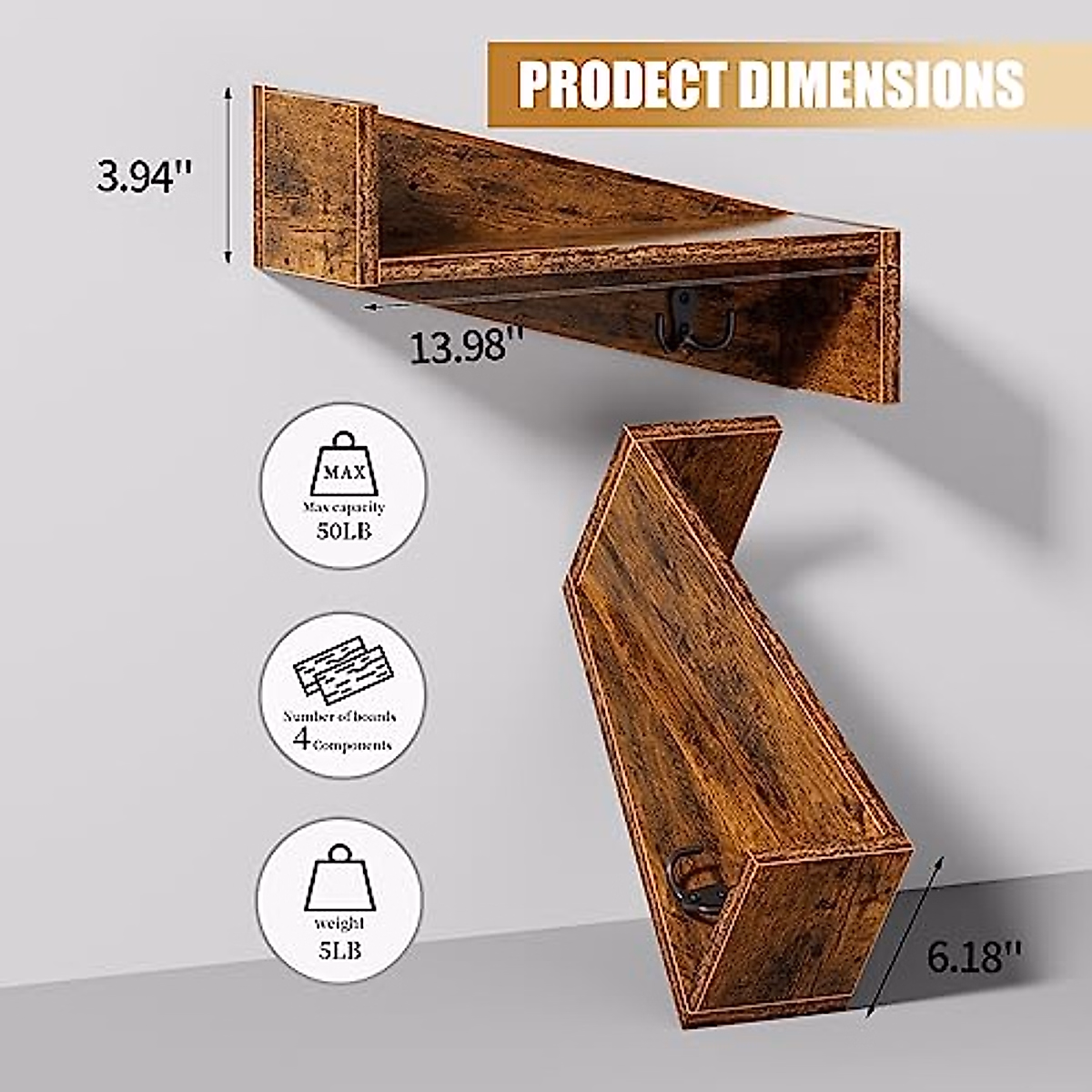 Gannyfer Floating Shelves - Set of 2, Rustic Wood Wall Shelf with Coat Hooks for Home Decor Storage, Small Wall Mounted Hanging Shelves for Bedroom, Kitchen, Living Room, Bathroom & Farmhouse, Brown