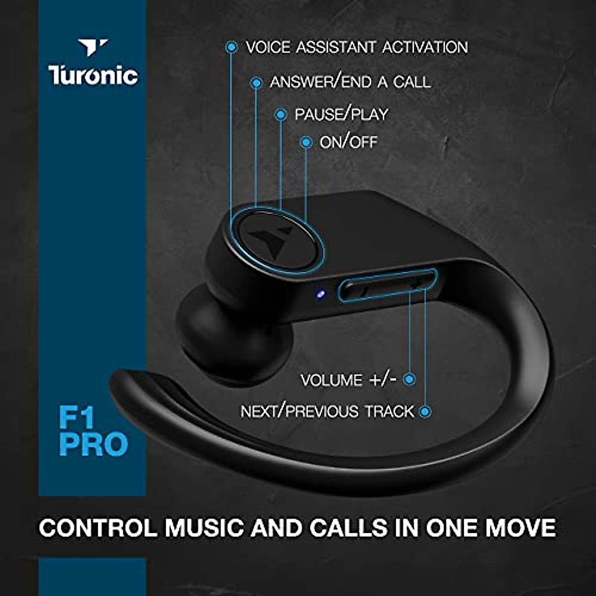 Turonic F1 Pro - True Wireless Earbuds - 45H Playtime, Charging case, Mic, IPX7 Waterproof Bluetooth Headphones w/Microphone - Sport Wireless Earphones with Earhook for Gym, Running, Workout - Black