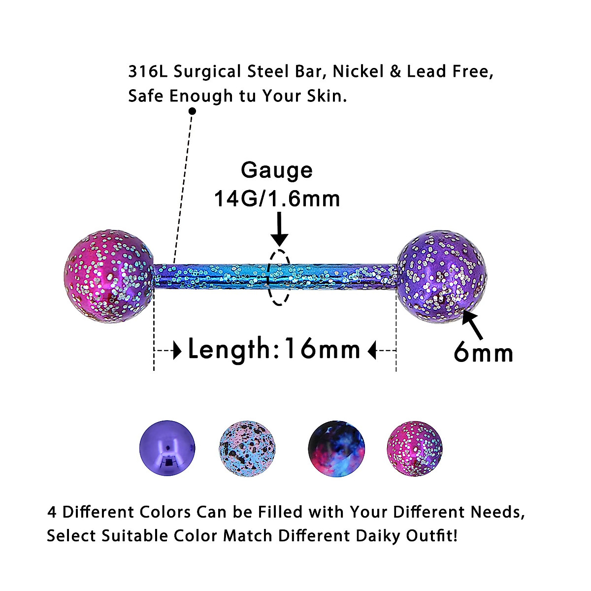 Melighting 4Pcs 14G Tongue Rings Barbells 316L Stainless Steel Tongue Bars Different Splatter Color Painting Tongue Piercings Tongue Ring with Balls for Women Men Set 16mm