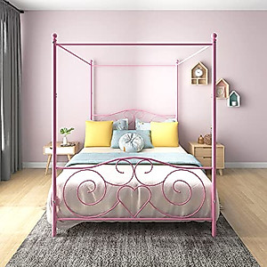 Albearing Canopy Bed Frame Platform Metal Bed Frame Heavy Duty Steel Slat and Support with Headboard and Footboard No Box Spring Required (Queen, Pink)