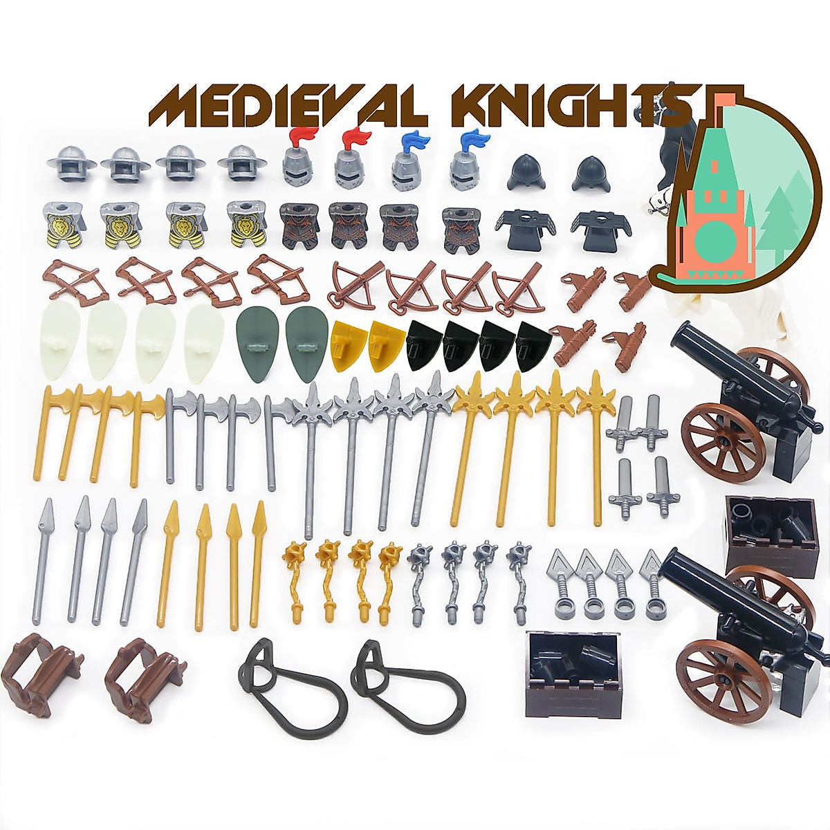 Knights People Accessories Building Block - Medieval Weapon Armor Swords Helmet Horse, Castle Knight Shield Spear, MOC Bricks Parts Toys Sets for Boys