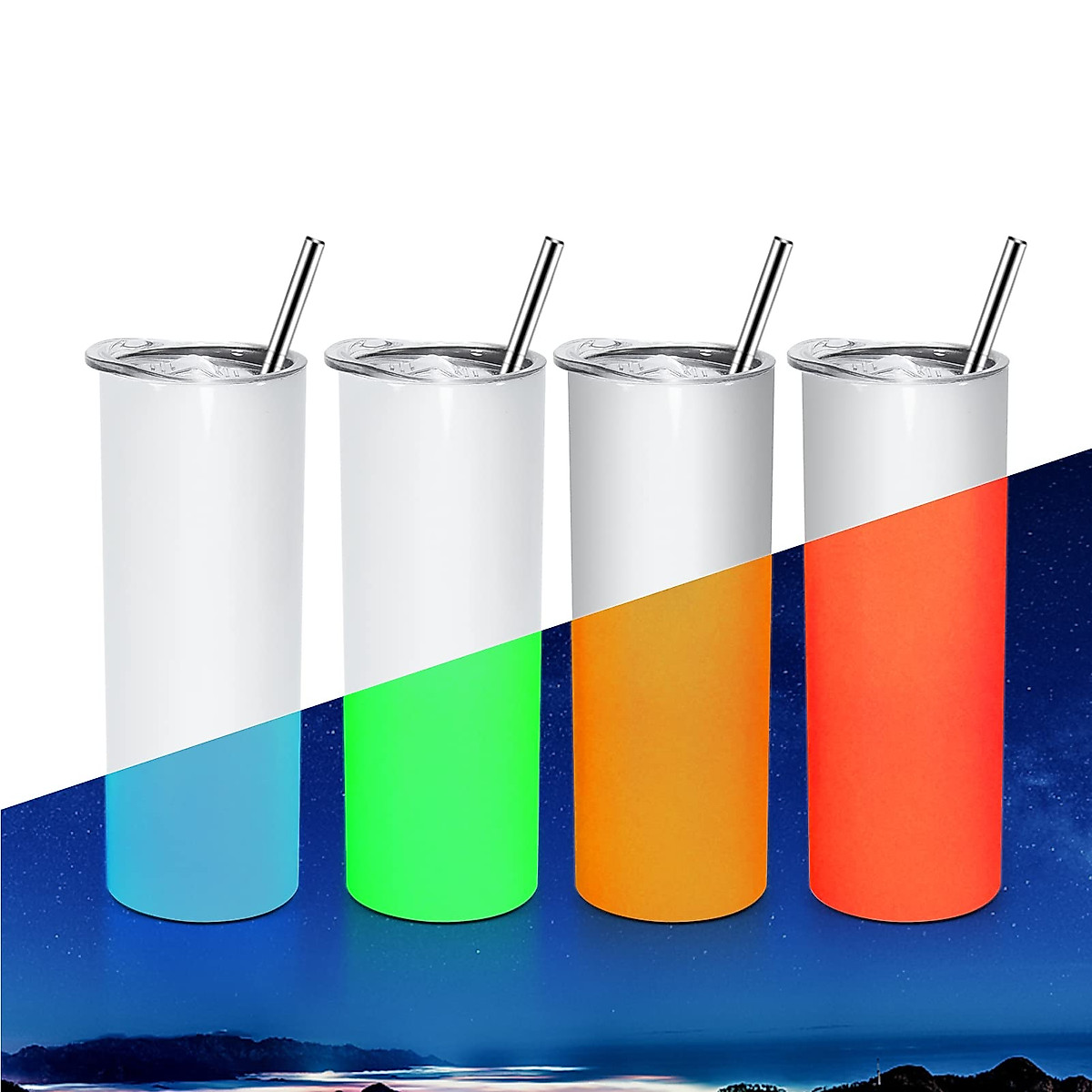 AGH 20 oz Sublimation Tumblers Glow In The Dark, 4PCS Luminous Skinny Straight Tumbler Blank, Glow From White To Green, Blue, Orange, Red, With Stainless Straw and Lid for Coffee Mug Thermos
