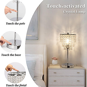 Touch Control Crystal Table Lamp with Dual USB Charging Ports, 3-Way Dimmable Bedside Touch Lamp Decorative Nightstand Lamp with Elegant Lamp Shade for Living Room Bedroom, B11 LED Bulb Included