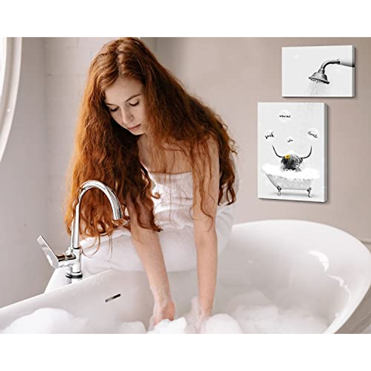 Pinetree Art Funny Bathroom Decor Cute Highland Cow Wall Art - Relax Soak Unwind Breathe Inspirational Quote - Modern Farmhouse Home Bathroom Wall Decorative (black and white, set of 2)