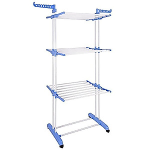 Aquaterior Folding 3 Tier Clothes Drying Rack Rolling Collapsible Garment Laundry Dryer Hanger Stand Rail with Two Side Wings Indoor Blue