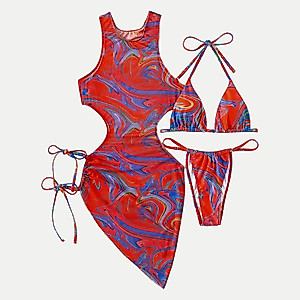 3 Piece Swimsuits for Women Padded Floral Print String Bikini Sets Bathing Suit Set Sexy Cutout High Neck Mesh Beach Cover Up Red