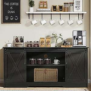 4ever2buy Farmhouse Buffet Cabinet with Storage, 59’’ Coffee Bar Cabinet with Sliding Barn Door, Kitchen Sideboards Buffet Cabinet Adjustable Shelf, Coffee Bar Table for Living Dining Room,Espresso