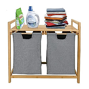 Jolitac Bamboo Laundry Hamper and Shelf, Dual Compartments Laundry Basket with Removable Sliding Bags, Large Capacity Laundry Sorter Organizer, Bathroom Clothes Storage Hampers