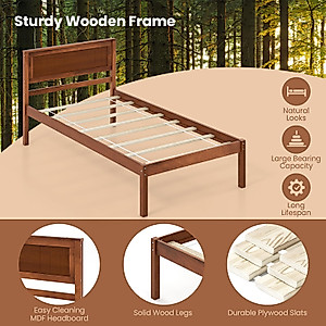 Giantex Twin Bed Frames with Headboard, Solid Wood Platform Bed with Wood Slat Support, Single Bed with 16" Under Bed Storage, Twin Bed Frames for Kids Adults Guests, Easy Assembly, Walnut