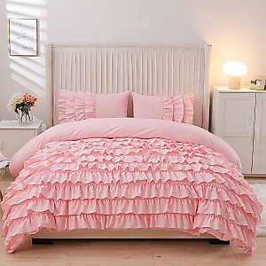 Holawakaka Pink Waterfall Ruffle Comforter Set Twin Size Multi-Layers Ruffled Shabby Chic 3PCS Bedding Set for Girls Women