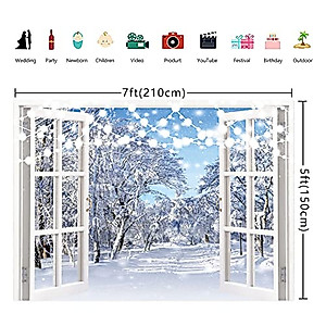 BINQOO 7x5ft Winter Landscape Window Photography Backdrop Christmas Snow Trees Scenery Background Baby Shower Kids Birthday Party Portrait Photo Studio Props