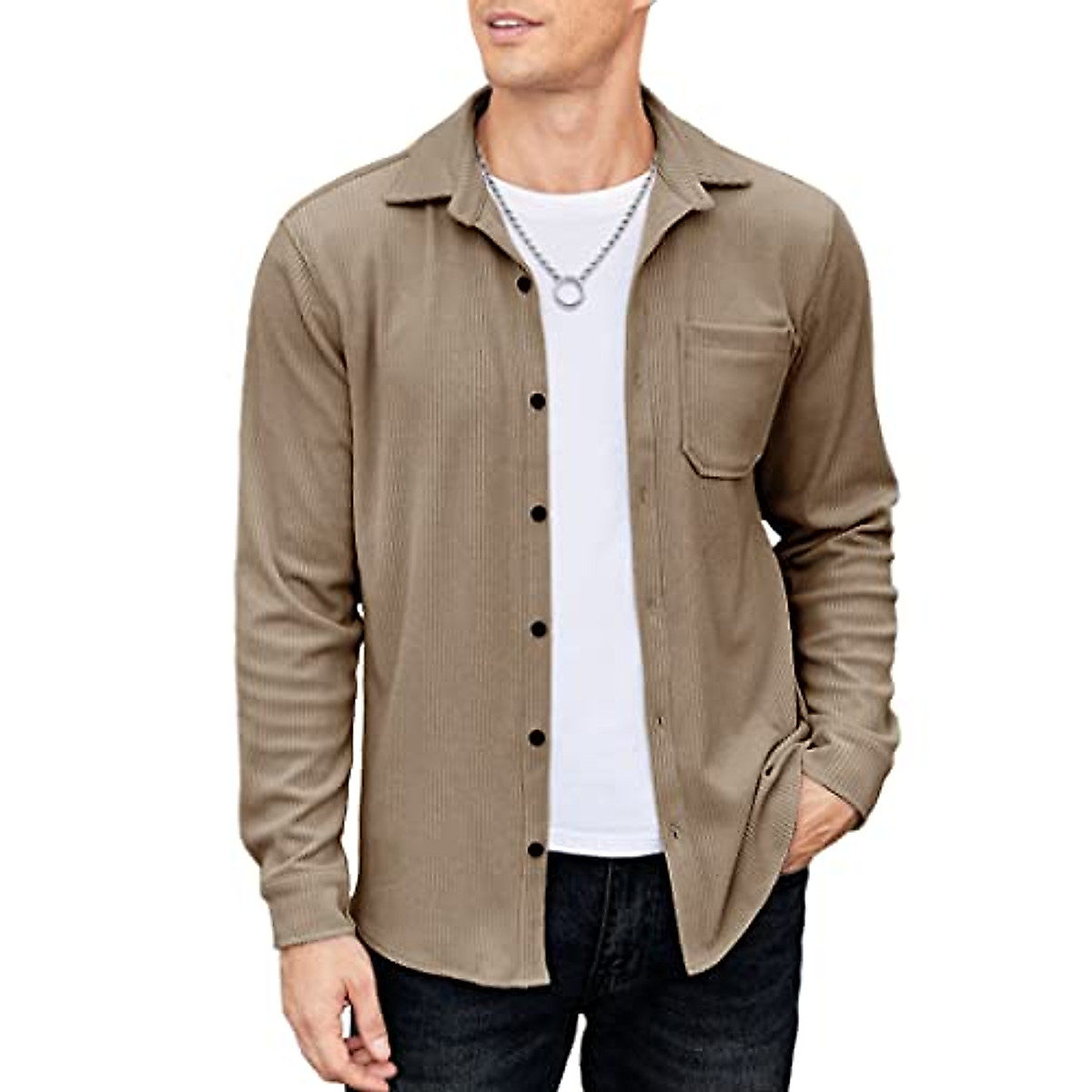 COOFANDY Men's Corduroy Shirt Jacket Slim Fit Button up Work Shirt with Two Flap Pockets Brown