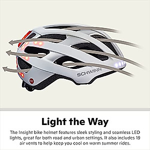 Schwinn LED Insight ERT Bike Helmet for Youth Boys Girls, Front & Rear LED Lights, Can Fit Head Circumference 54-58 cm, 19 Air Vents, Adjustable Strap, Medium White