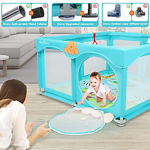 Flying Ideas Baby Playpen with Mat, Cute Baby Play Yards, Baby Playpen for Babies and Toddlers, No Gap Toddler Playpen with Soft-Touch Material, Baby Play Area, 50”×50”, (Blue)