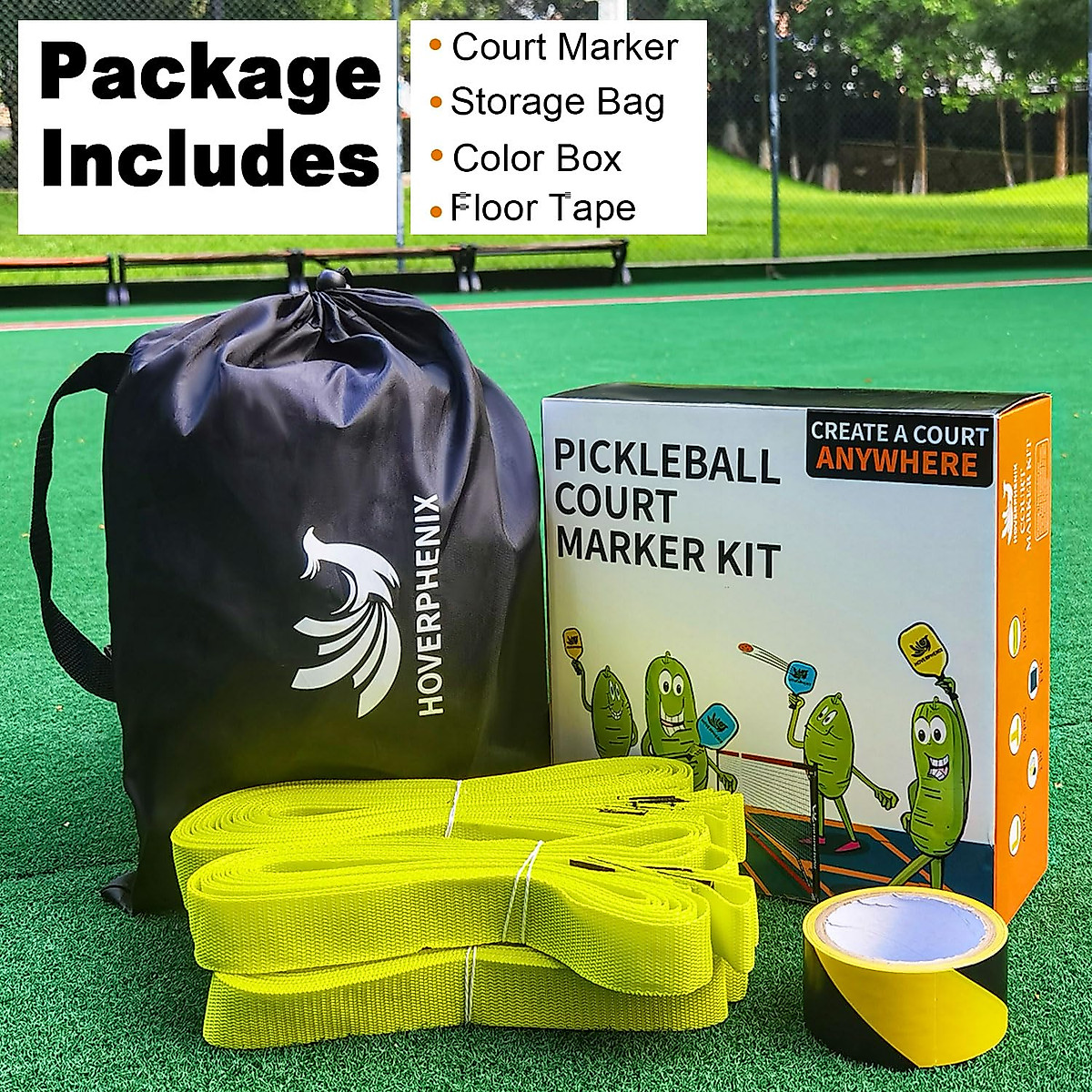 Hoverphenix Pickle Ball Court Marking Kit, Portable Temporary Pickle Ball Lines Come with Gift Box, Tape and Storage Bag for Outdoor or Indoor Court, No Measuring Needed