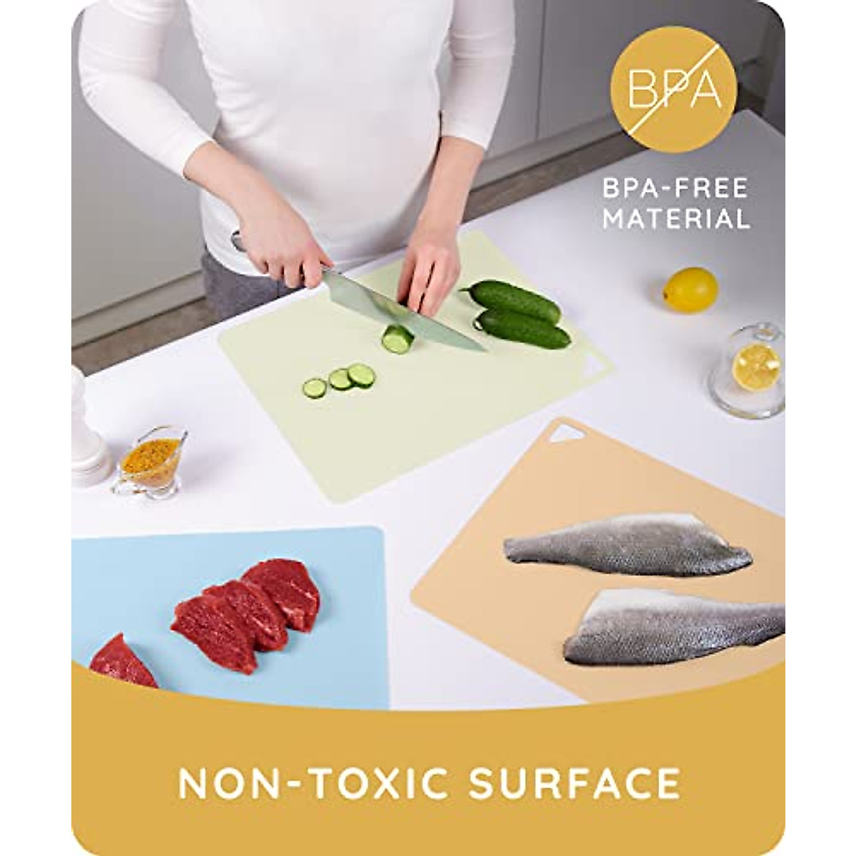 Extra Thin Flexible Cutting Boards for Kitchen - Cutting Mats for Cooking, Colored Cutting Mat Set with Easy-Grip Handles | Non Slip Cutting Sheets, Flexible Plastic Cutting Board Set of 3 (15"x12")