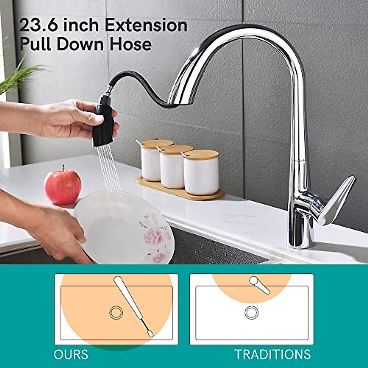 Fulgutonit Kitchen Faucet with Hidden Pull Down Sprayer, Modern High Arc Single Hole Pull Out Kitchen Sink Faucets for Bar Laundry RV Utility Sink, Chrome