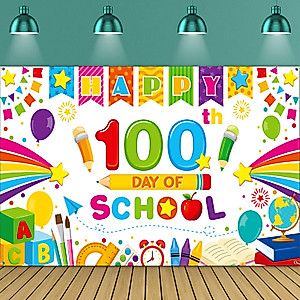 100 Days of School Decoration Banner Happy 100th Day of School Party Backdrop Photography Background for Kids Student Kindergarten Preschool Primary School Party, 72.8 x 43.3 Inch (White)