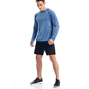 Hooded Shirts for Men Long Sleeve Workout Hoodie Lightweight Athletic Gym Running Hoodies Pullover Shirt Dry Fit(32-Blue Heather,L)