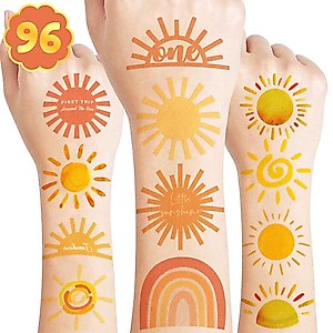 Sun Tattoo Temporary Tattoos Theme Birthday Party Decorations Supplies Favors Cute Stickers 8 Sheets 96 PCS Gifts for Kids Boys Girls Classroom Rewards Prizes Christmas