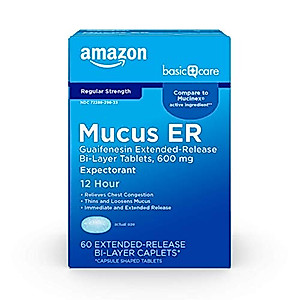Amazon Basic Care Guaifenesin Cough and Mucus Relief Extended-Release Tablets, 600 mg, 12 Hour Expectorant Caplet 60 Count