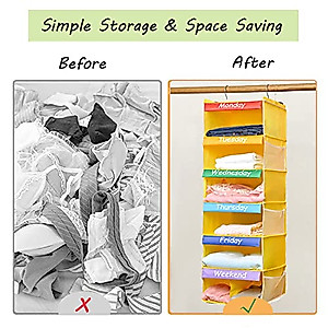 CLUQMEIK Kids Closet Organizers and Storage, Weekly Hanging Clothes Organizer, 6 Shelves with Side Mesh Pockets, 41.7"x12"x12", Yellow, Days of The Week Clothing System, Monday Through Friday