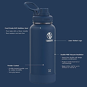 Takeya Actives Insulated Stainless Steel Water Bottles with Spout Lid, 24 Ounce, Midnight Blue and Cobalt