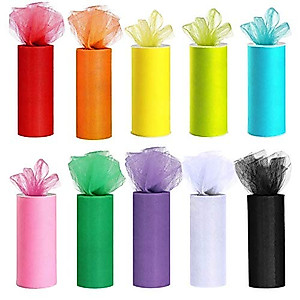 MXCELL 10 Colors Tulle Rolls Rainbow Tulle Colors Roll Fabric Spool 6 Inch by 25Y Spool for Wedding Tutu and Table Skirt Decoration
