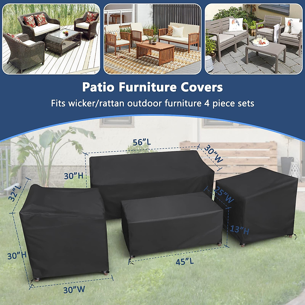 STARTWO Outdoor Furniture Cover Waterproof, 4 Piece Patio Furniture Covers Set, Heavy Duty Lawn Patio Covers for 1xSofa Cover, 2xChair Covers, 1xCoffee Table Cover with Windproof Buckle Strap, Black