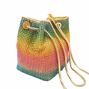 Boutique De FGG Rainbow Clutch Purses for Women Bucket Evening Bags Crystal Rhinestone Chain Shoulder Bags (Rainbow)