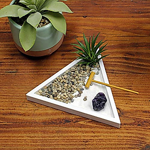Nature's Mark Mini Zen Garden Kit for Desk with Rake, White Sand, White Triangle Base, Crystal Rock, Mini River Rocks and Air Plant, (7Lx6W Triangle W)