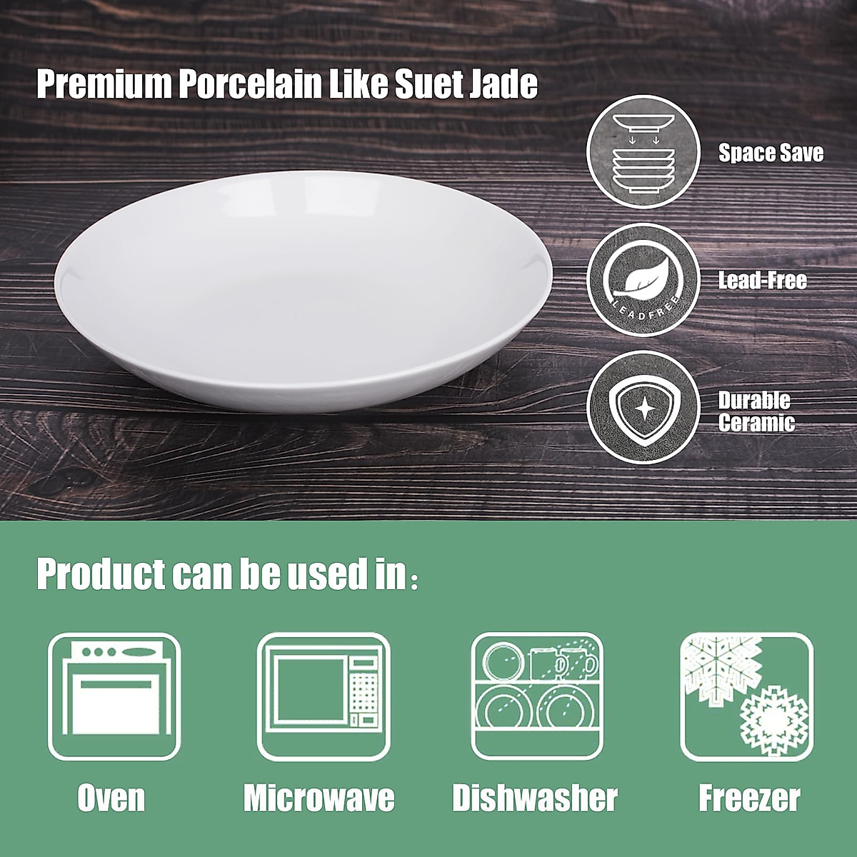 ALLUSEIT Pasta Bowls, 6pcs/40oz Bone Porcelain Bowls Set for Soup and Salad, White Ceramic Serving Bowls and Plate for Kitchen, Wide & Shallow, Microwave & Dishwasher Safe, Φ9inch