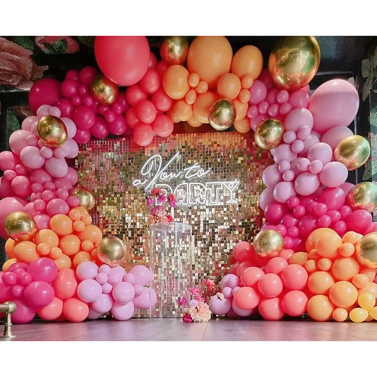 Pink and Orange Balloon Arch Kit, ADOINBY 161Pcs Hot Pink Orange Metallic Gold Latex Balloon Garland kit, 18 12 10 5 Inch Different Size Balloons for Birthday Baby Shower Wedding Party Decorations