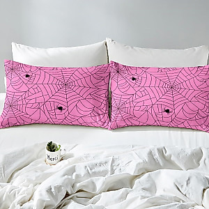 Pink Halloween Sheets Set Full Size Spider Web Bed Sheet Set for Boys Girls Children Spider Animal Bedding Set Pink Black Halloween Night Room Decor Bed Sheets with Deep Pocket Fitted Sheet 4Pcs