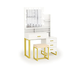 PAKASEPT Vanity Set with Lighted Mirror, Makeup Vanity Dressing Table with LED Light, Drawers, Storage Shelves and Cushioned Stool, Small Vanity Desk for Bedroomy,39.4"L x 15.7"W x 63"H