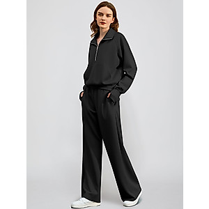Casly Lamiit Lounge Sets for Women Trendy Half Zip Sweatshirt Wide Leg Sweatpants Lounge Matching Set Tracksuit Sweatsuit 2024 Fall Winter Clothes Set 2 Piece Outfits Black L