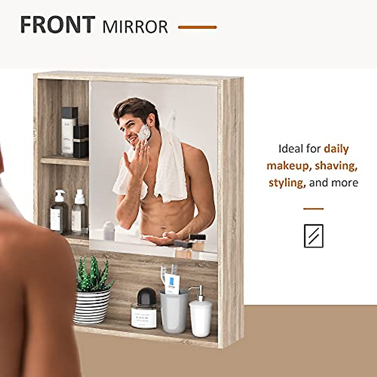 kleankin Wall-Mounted Wooden Bathroom Medicine Cabinet, Storage Cabinet with Mirror Glass Door Adjustable Open Shelf Oak Grain