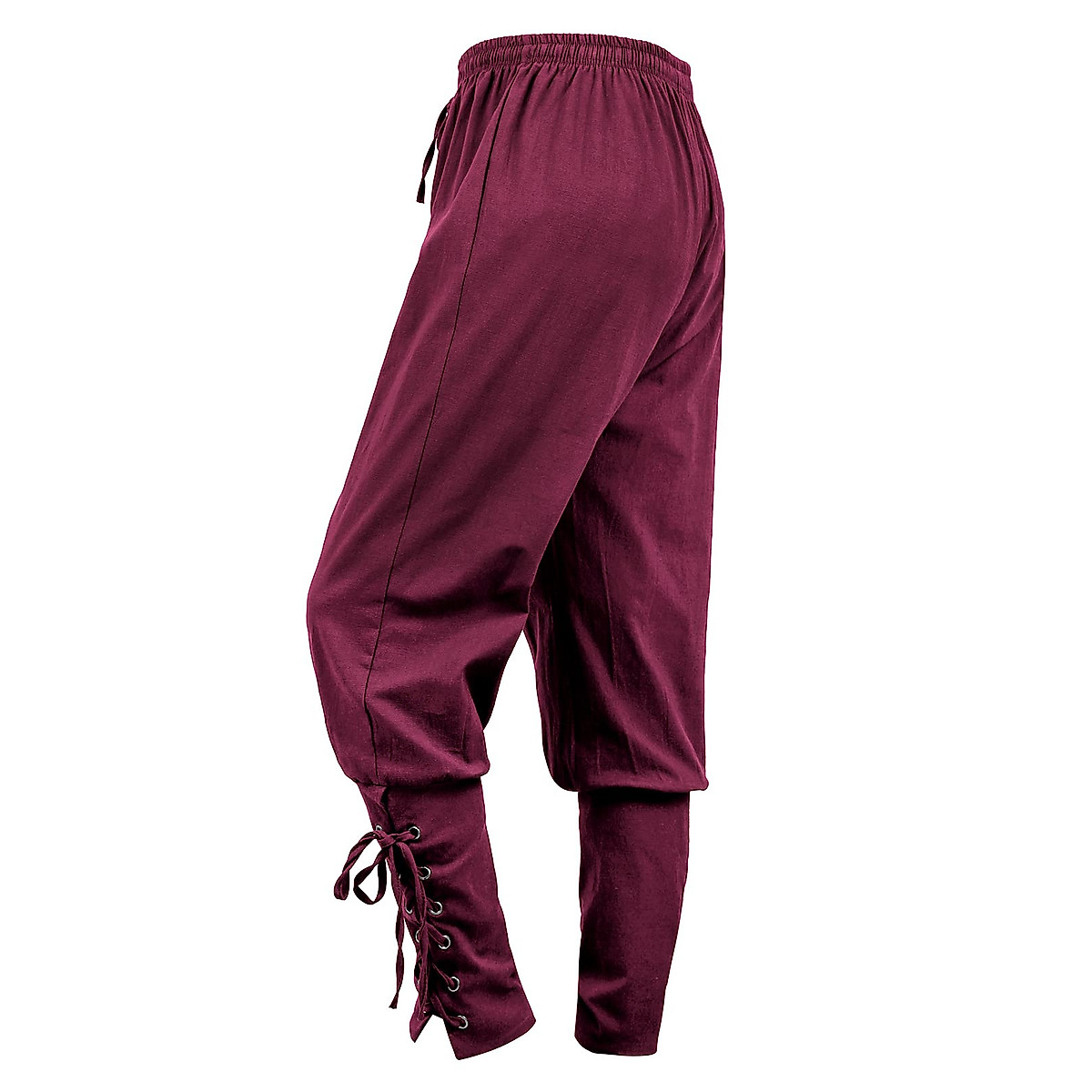 Men's Ankle Banded Cuff Renaissance Pants Medieval Viking Navigator Trousers Pirate Cosplay Costume with Drawstrings Wine Red-2XL