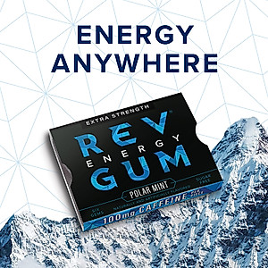 Rev Gum Caffeine Energy Gum | Extra Strength 100mg of Caffeine per Gem | Polar Mint Sugar Free Caffeine Gum - Low Calorie Chews to Help You Stay Alert, Awake and Focused - Mint Chewing Gum - 12 Packs