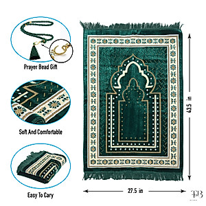 TB Islamic Prayer Rug Thick Soft Velvet Muslim Mat Unique Arabic Turkish African Embroidered Design Prayer Bead Daily Salah Prayer Meditation Ramadan Eid Gift for Women Men Kids (Green)