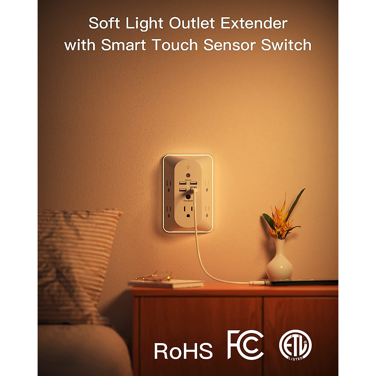 Surge Protector, Outlet Extender Power Strip, USB Wall Charger, Multi Plug Outlets with Spaced Outlets for Home, Office