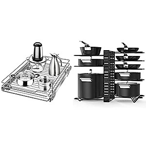 G-TING Pot Rack Organizers & Pull Out Cabinet Organizer, Adjustable Pots and Pans Organizer with 3 DIY Methods for Kitchen Organization, 12.44" W x 16.54" D Under Sink Slide Out Storage Shelf(2 Pack)