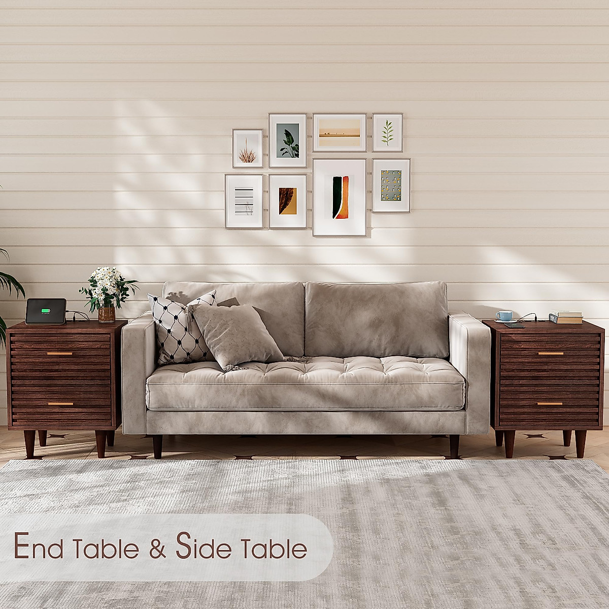 Night Stand with Charging Station Set of 2, Side Table with 2 Drawers, Mid Century Modern End Table with Storage, Bedside Table with USB Ports and Outlets, Nightstand for Bedroom, Brown 2PCS